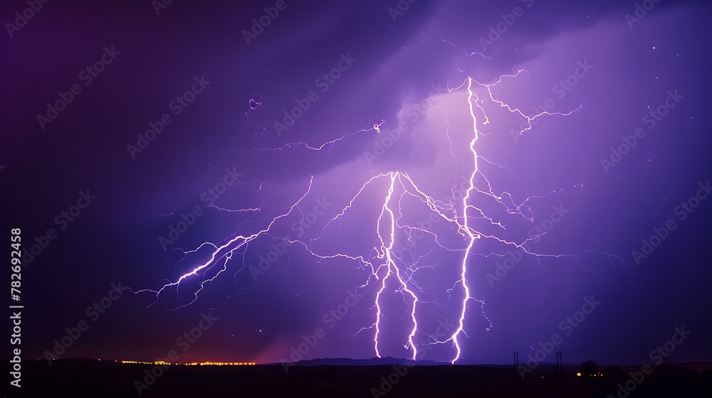 Two large lightning bolts striking the ground at the night sky, with ...