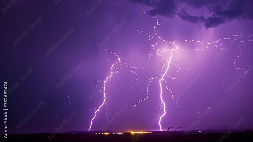 Two large lightning bolts striking the ground at the night sky, with ...