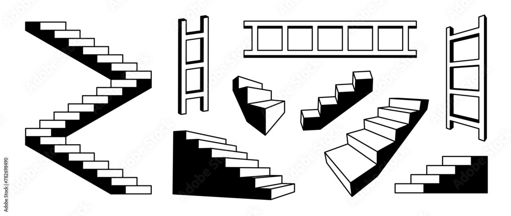 Linear stairs and ladders set. Black white surreal geometric element ...