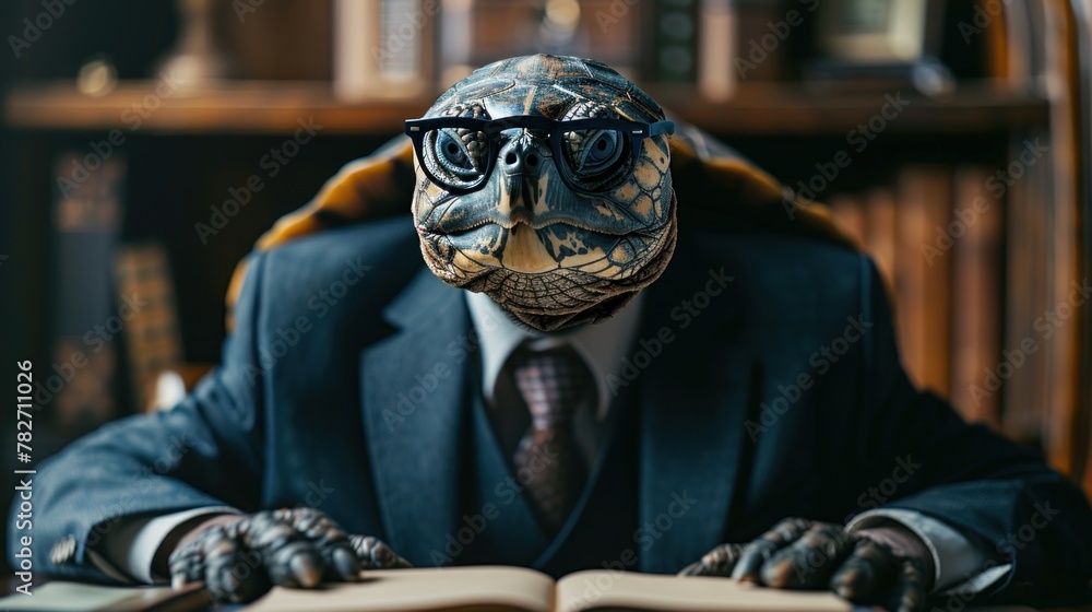 A turtle in a business suit sits confidently at an executive desk in a ...