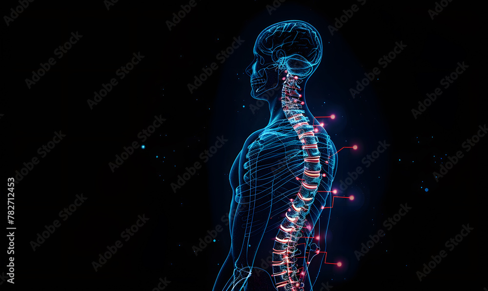 Acute pain in back, colored in red on dark blue background. Showing ...