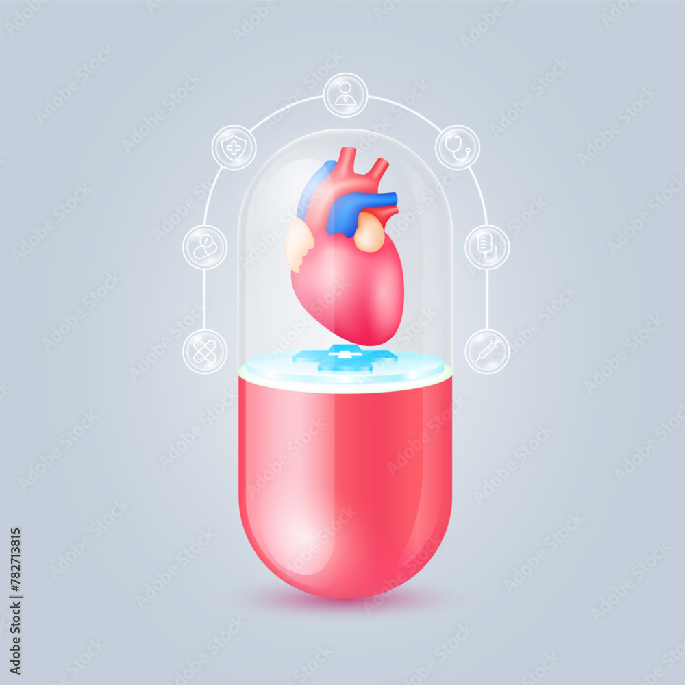Heart floating on cross symbols medical in transparent red capsule pill ...