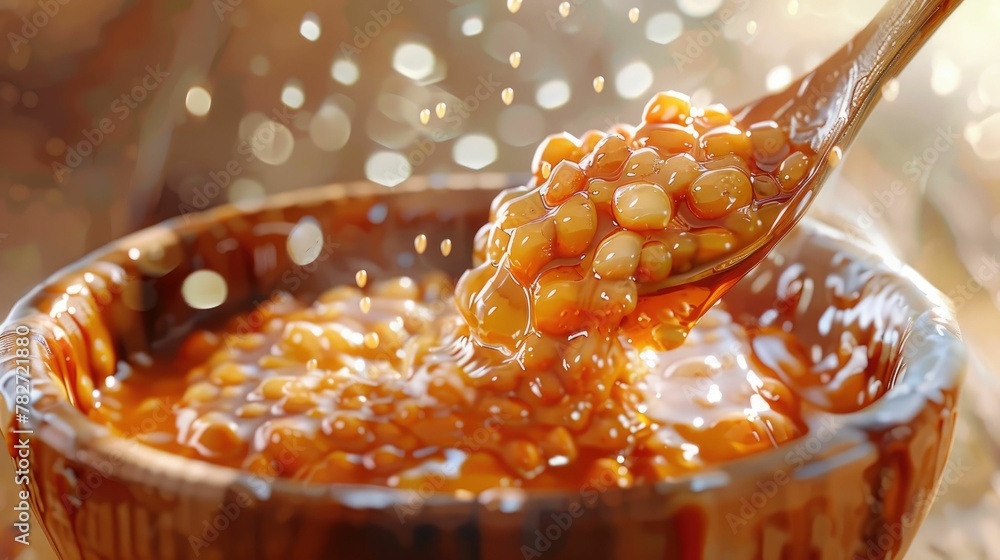 Fermented soybeans natto, detailed in a digital painting that captures ...