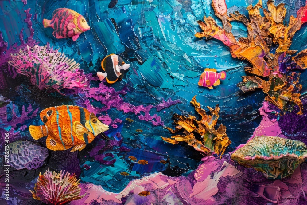 Realistic pop art rendition of a vibrant coral reef teeming with fish ...