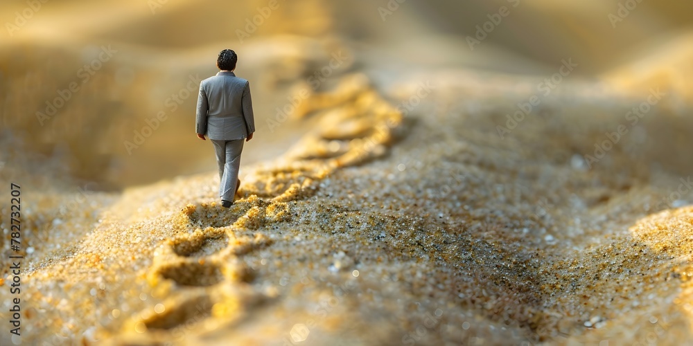 Lone figure walking along a path in the desert drawing a line in the ...