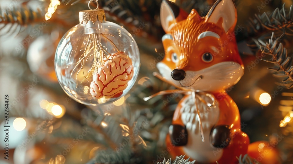 big head of a happy fox as a christmas tree toy with a translucent ...