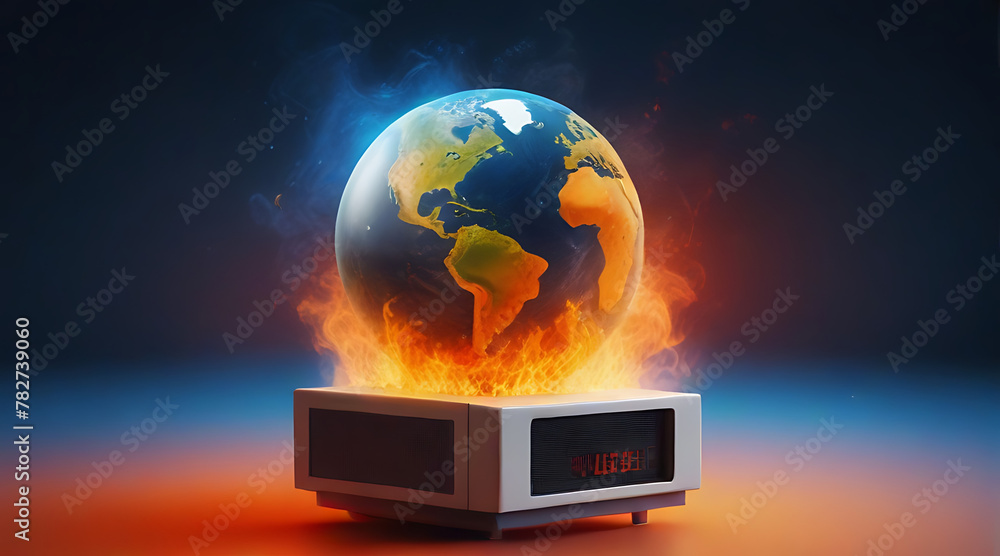 Planet Earth globe is burning in a microwave oven, conceptual ...