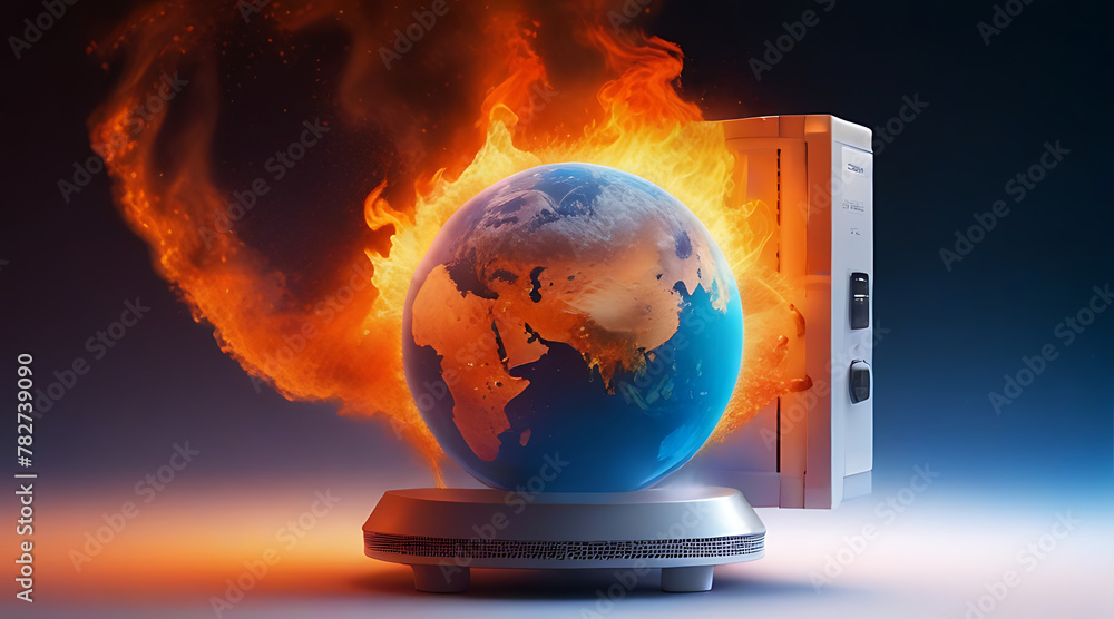 Planet Earth globe is burning in a microwave oven, conceptual ...