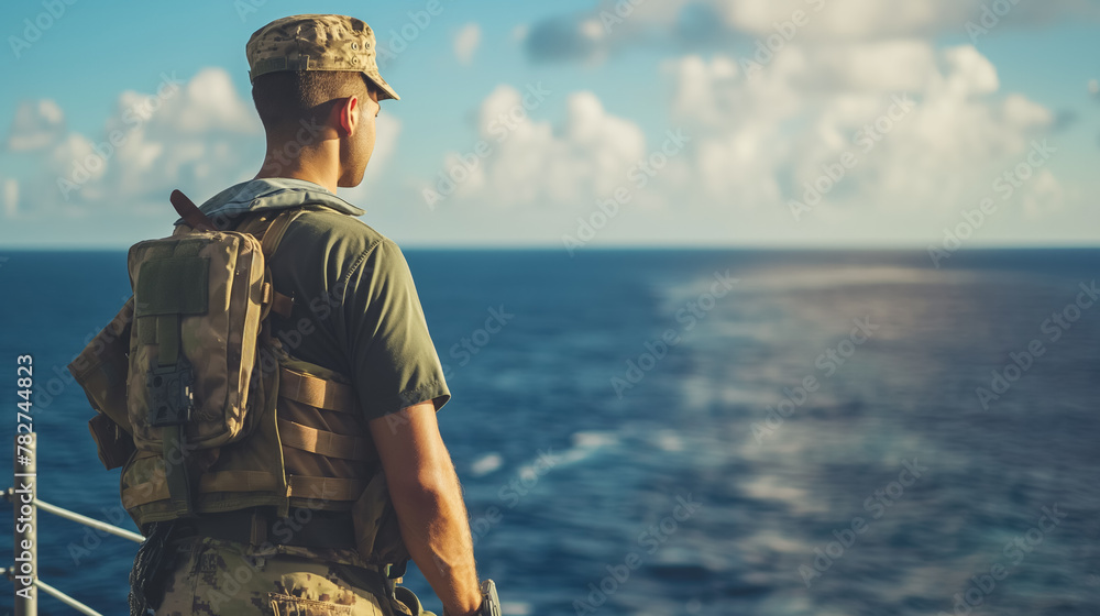 A solitary soldier in combat gear gazes out at the vast ocean ...