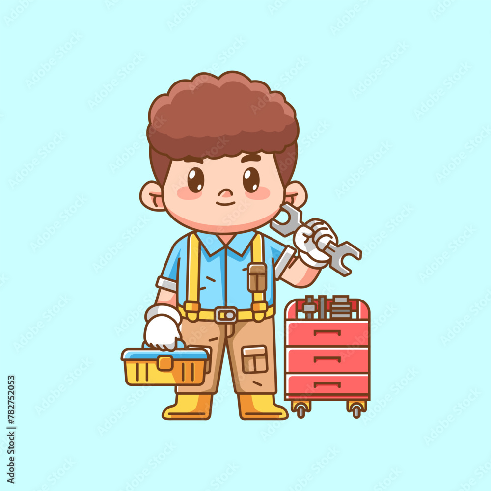 Cute mechanic hold tool at workshop kawaii chibi character mascot ...