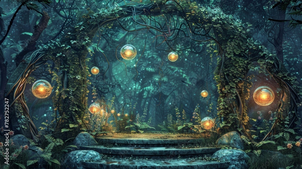 A mystical podium featuring an enchanted garden with glowing orbs and ...