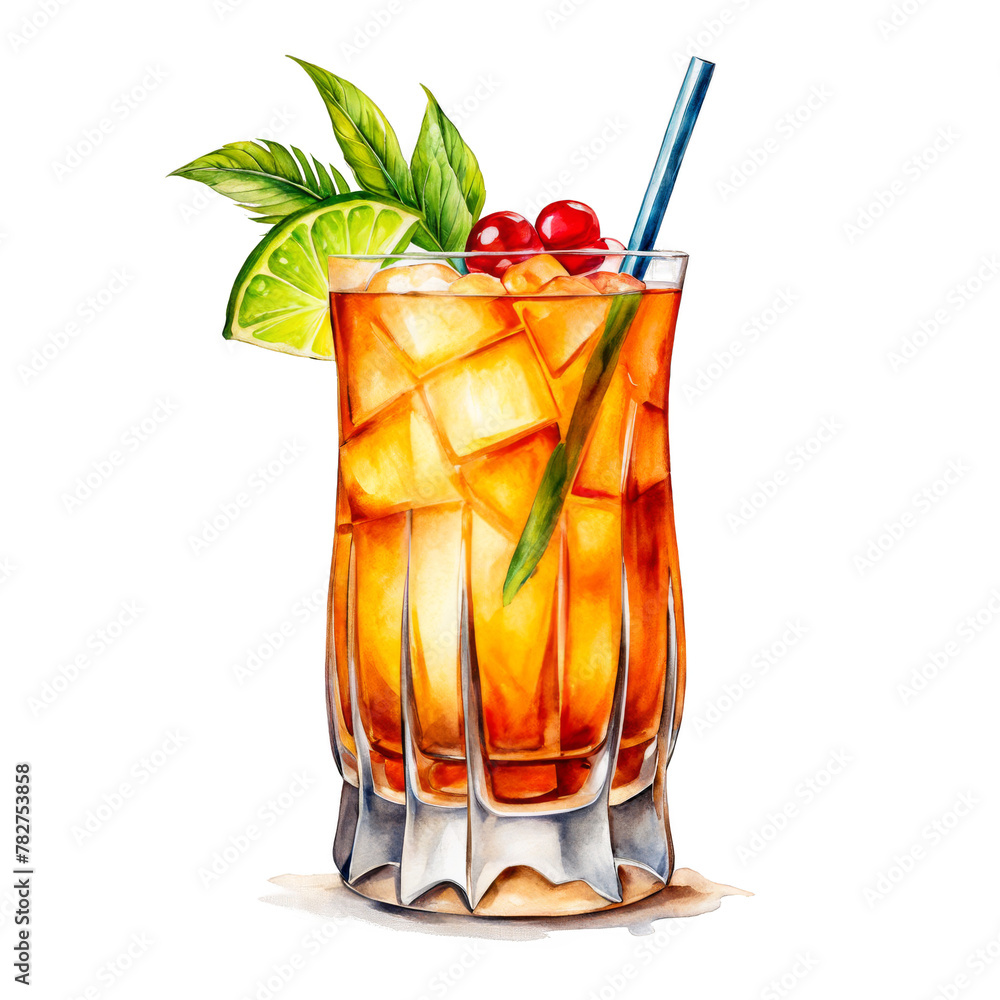 Watercolor illustration of Mai tai cocktail in tiki glass, drink ...