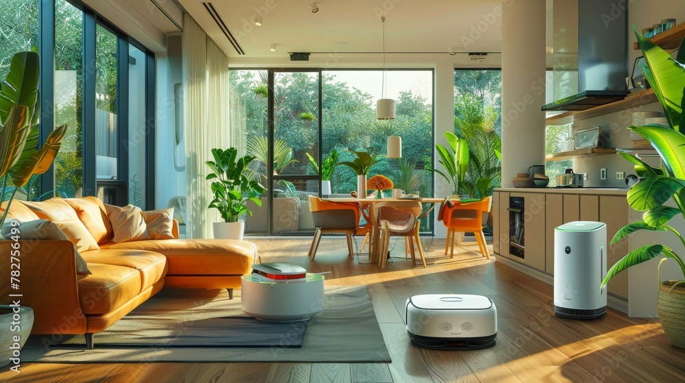 A family home interior featuring smart AI technologies seamlessly ...