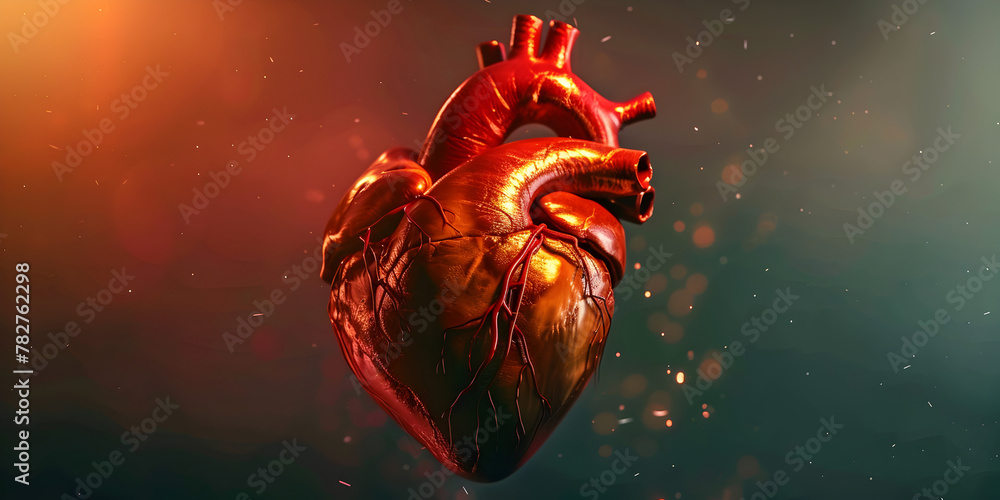 red heart human heart anatomy in dark backgroung, vein, capillaries ...