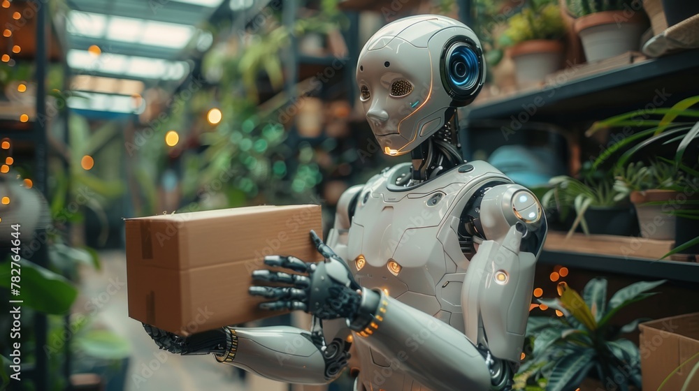 Humanoid robot in office attire holding a cardboard box, depicting ...