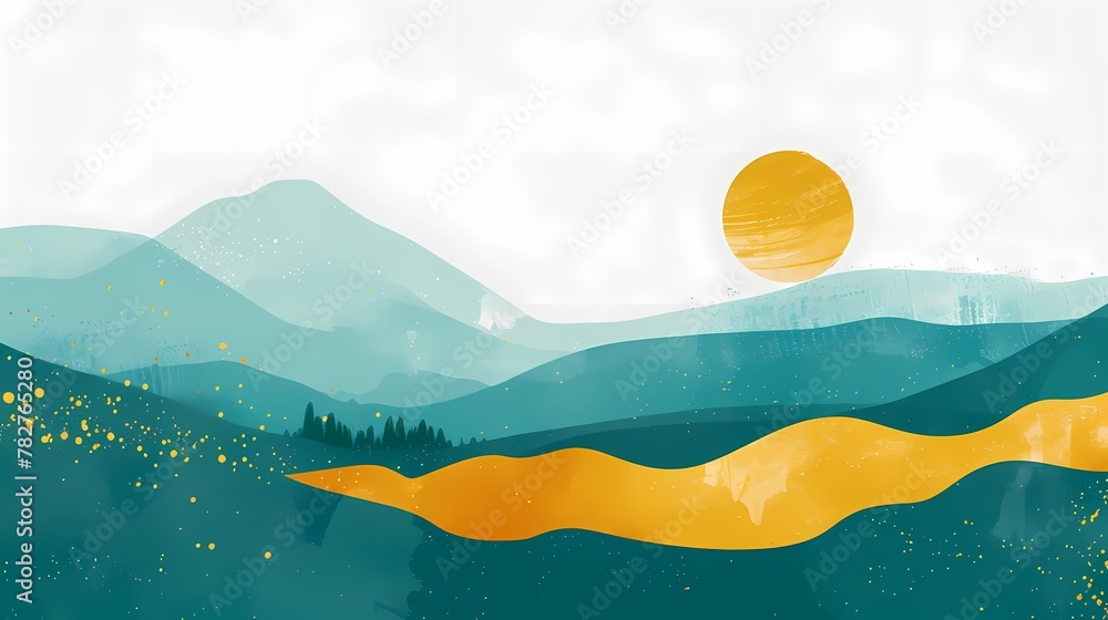 Digital traditional gold blue and green landscape illustration poster ...