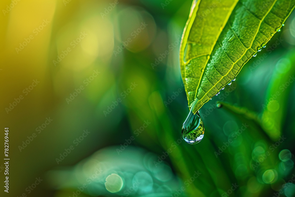 A close-up of a single dewdrop suspended on the tip of a vibrant green ...
