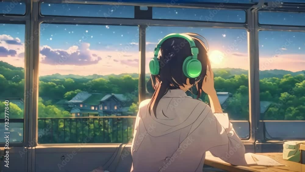 anime girl wearing headphones, train passing by village, cosmic ...