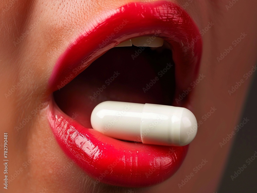 Red-lipped mouth taking a white supplement pill depicting personal ...