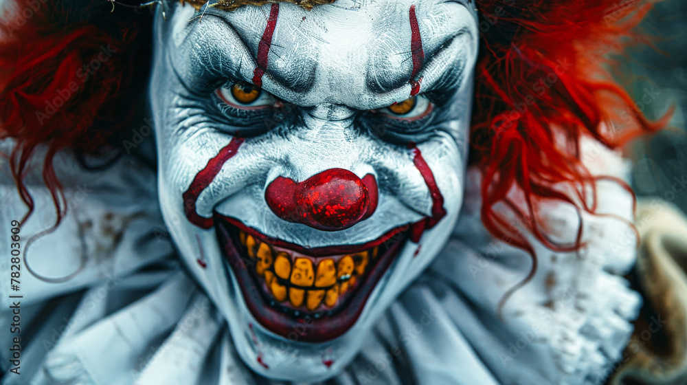 Fiery Gaze: The Haunting Close-up of a Malevolent Clown With Crimson ...