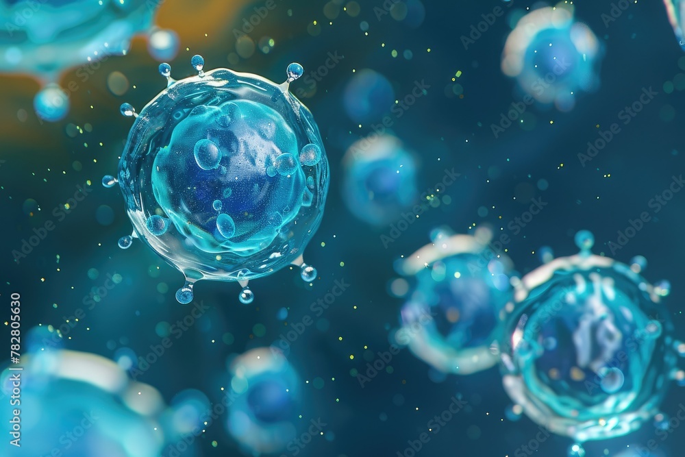 Virus cells close-up, bacterial cells close-up, fungal cells close-up, cells floating in the air ...