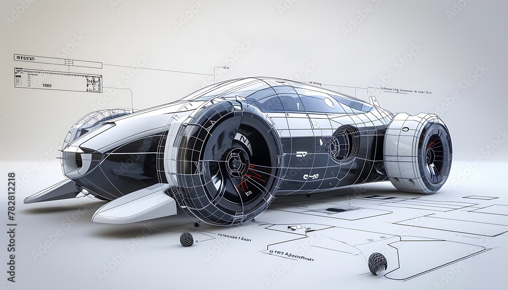 intricate 3D model of futuristic concept car via CAD, emphasizing ...