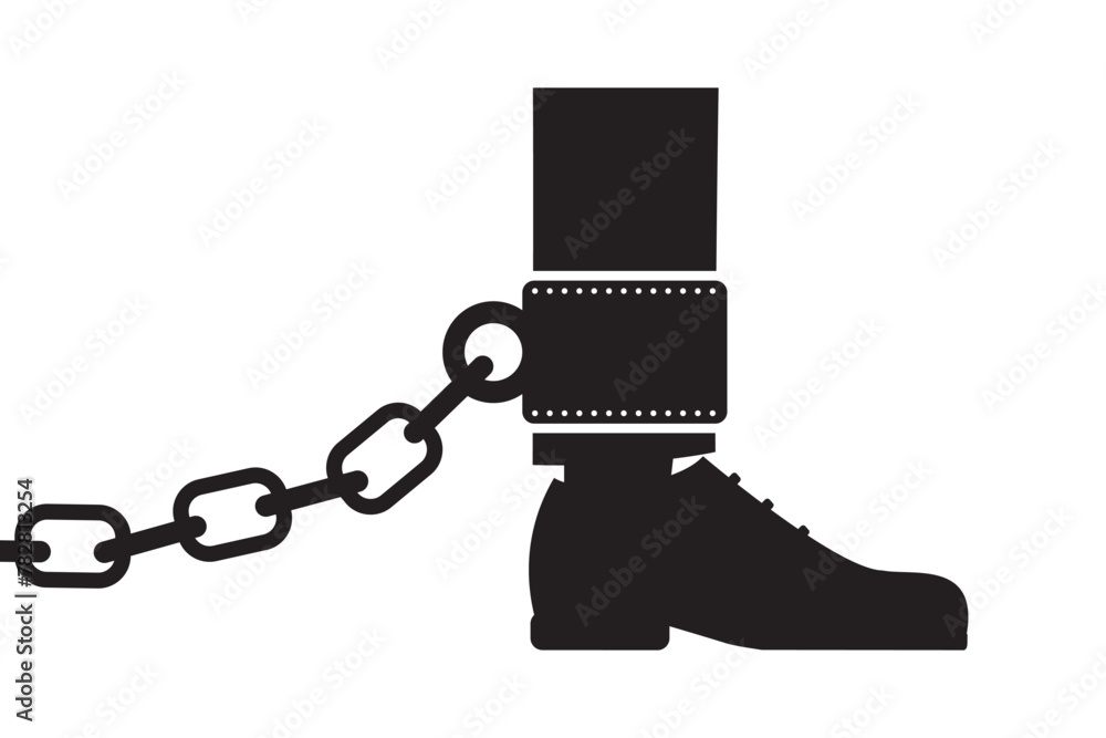 Black silhouettes of men leg with shackles and chain isolated on white ...
