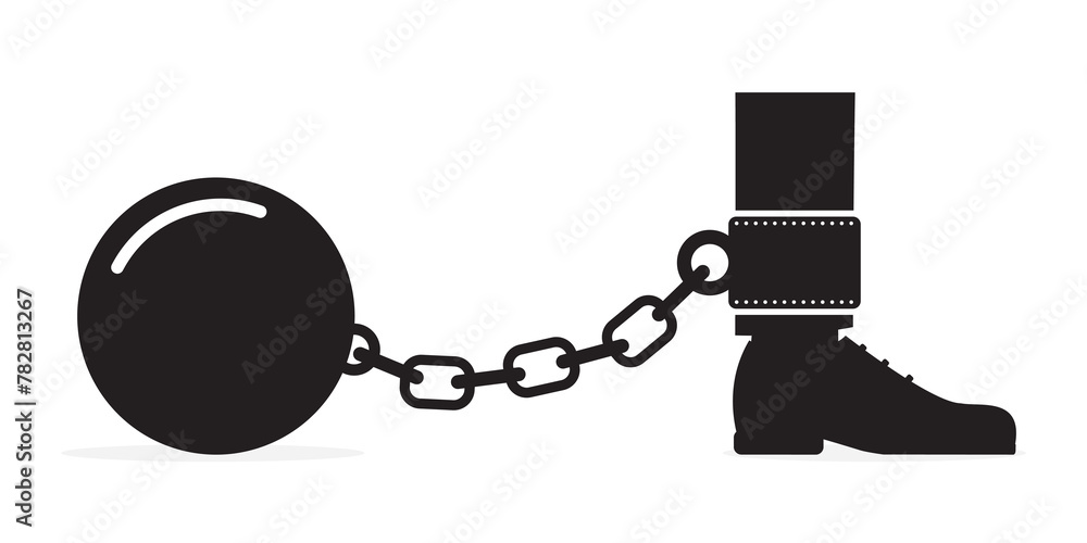 Giant prison ball and chain. Black silhouettes of men leg with shackles ...