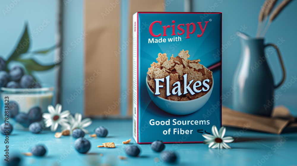 A box of cereal with a blue and white color scheme and the brand name ...