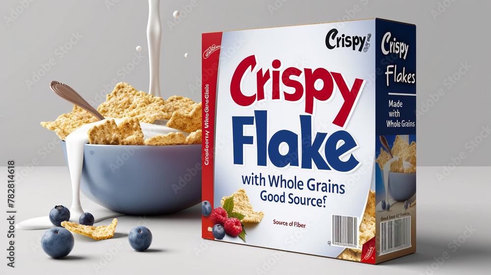 A box of cereal with a blue and white color scheme and the brand name ...
