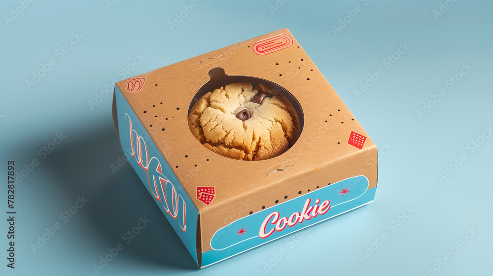 A cardboard box with a window and a logo that says 