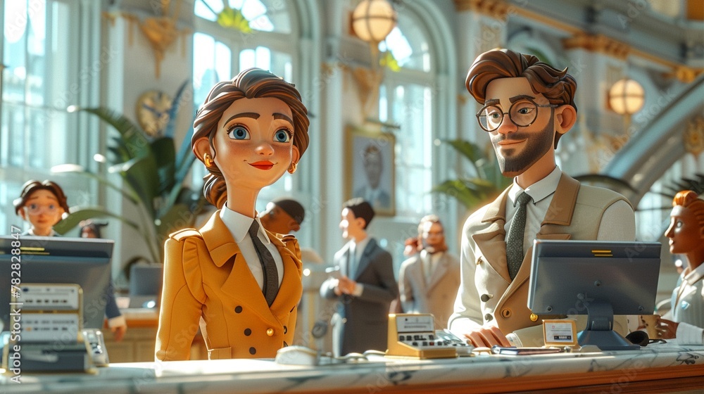 Develop a delightful 3D clay-style render of a bustling bank office ...