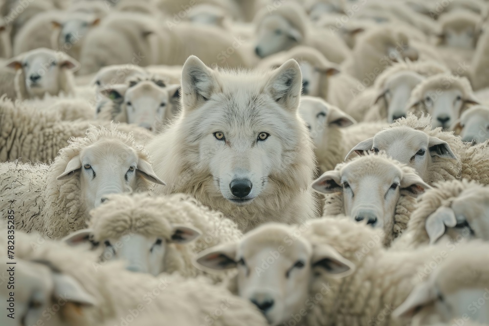A wolf hiding among a flock of sheep, leading the way or waiting for the right moment to act ...