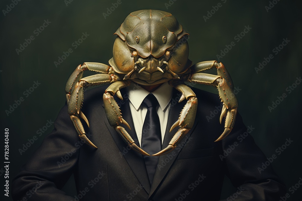 A man in formal attire with the head of a crab, symbolizing resilience ...