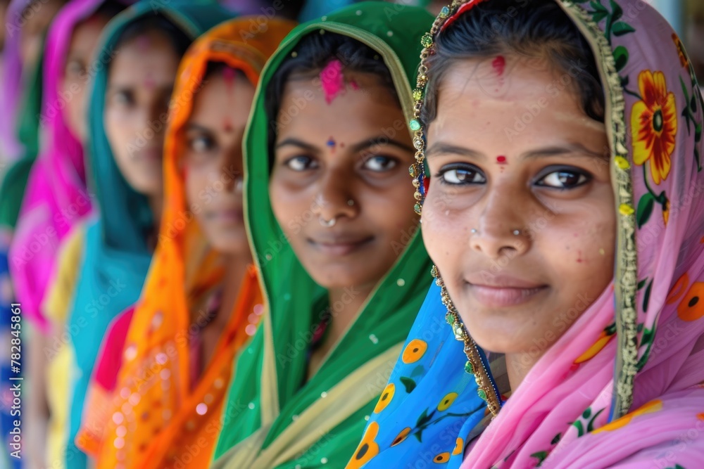 group of Indian women standing next to each other in row and posing for ...