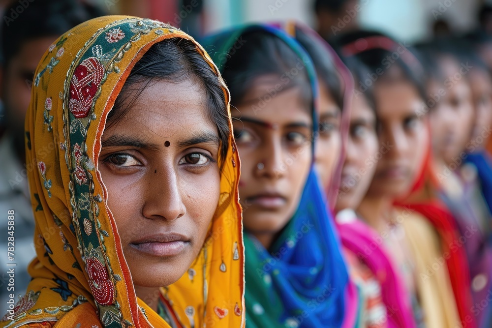 group of Indian women standing next to each other in row and posing for ...