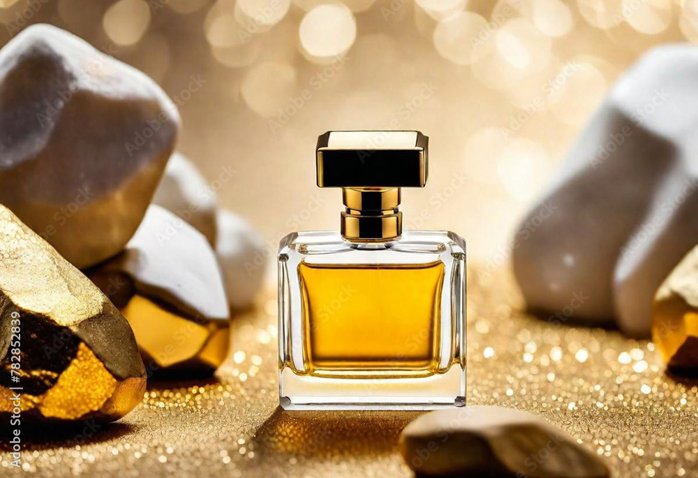 perfume spray flacon in a bright golden background , precious and ...