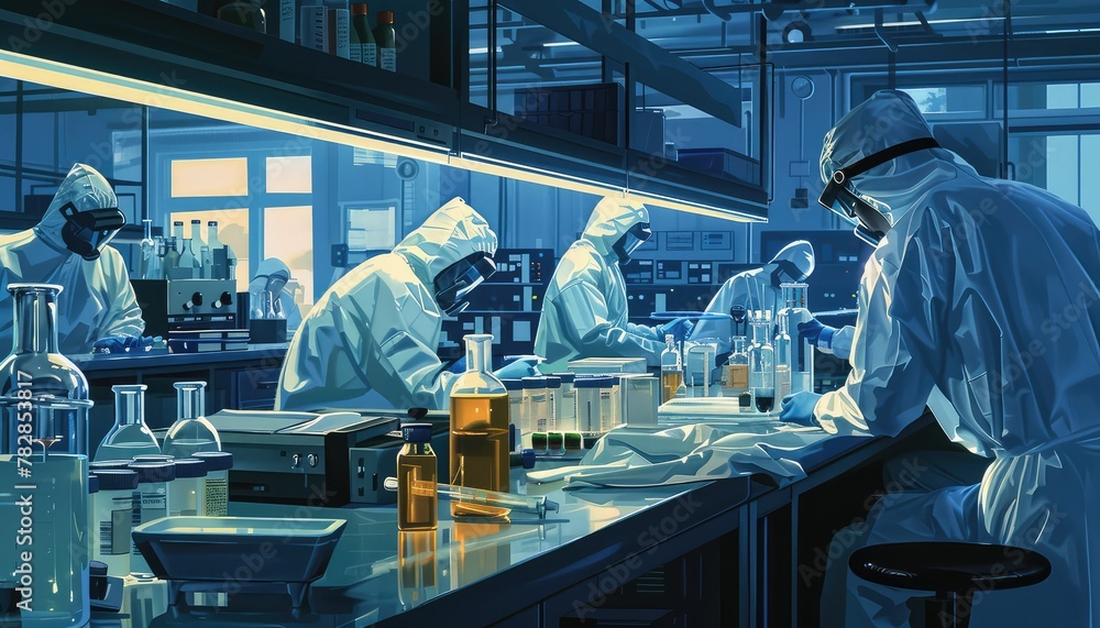 Laboratory Safety Procedures, Illustrate a laboratory setting with scientists following safety ...