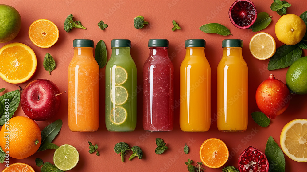 Chilled tropical juice bottles surrounded by citrus fruits, set against ...