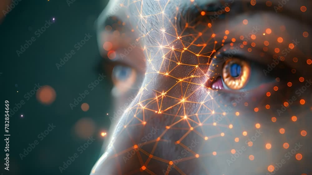 Close-up facial recognition animation: Futuristic biometric mesh ...