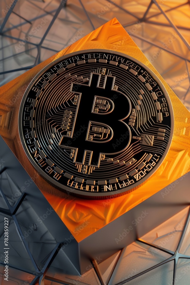 3D black bitcoin logo on an orange and gray cubic background with dark ...
