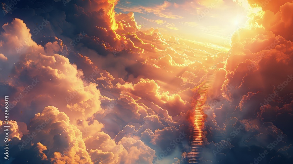 A stairway to heaven depicted as a path of radiant, sunlit clouds ...