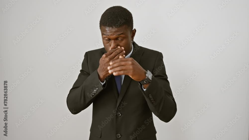 Disgusted african american man in business suit holding nose, standing ...