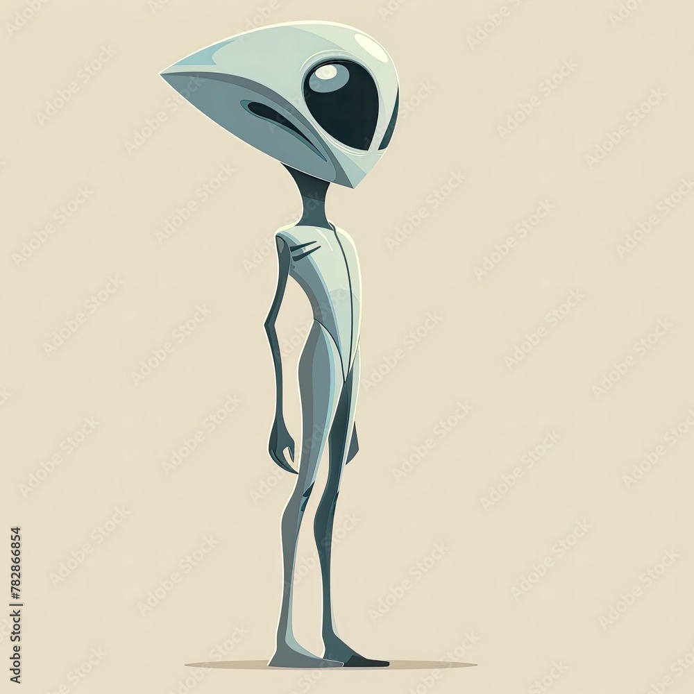 A stylized depiction of a slender alien figure standing poised, with a ...