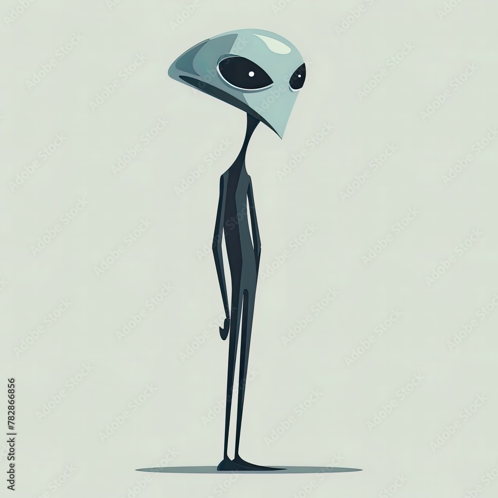 A stylized depiction of a slender alien figure standing poised, with a ...