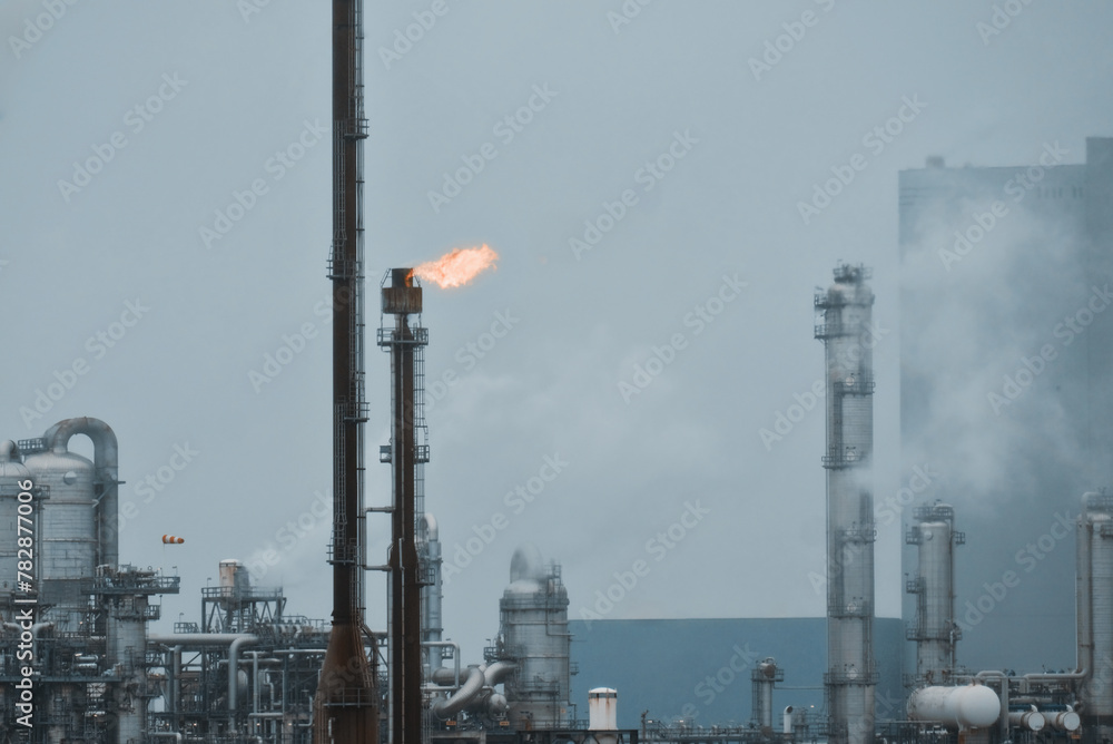 Oil Refinery Factory Plant With Flare Gas Emission. Petrochemical and ...