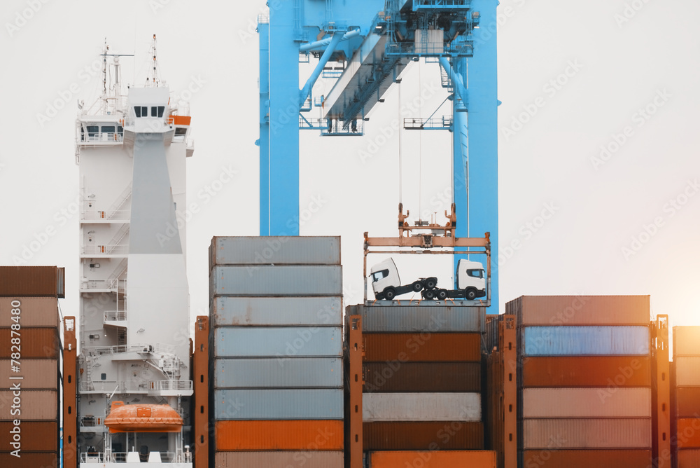 Cargo Truck Lashed On The Flat Rack Container For Loading And ...