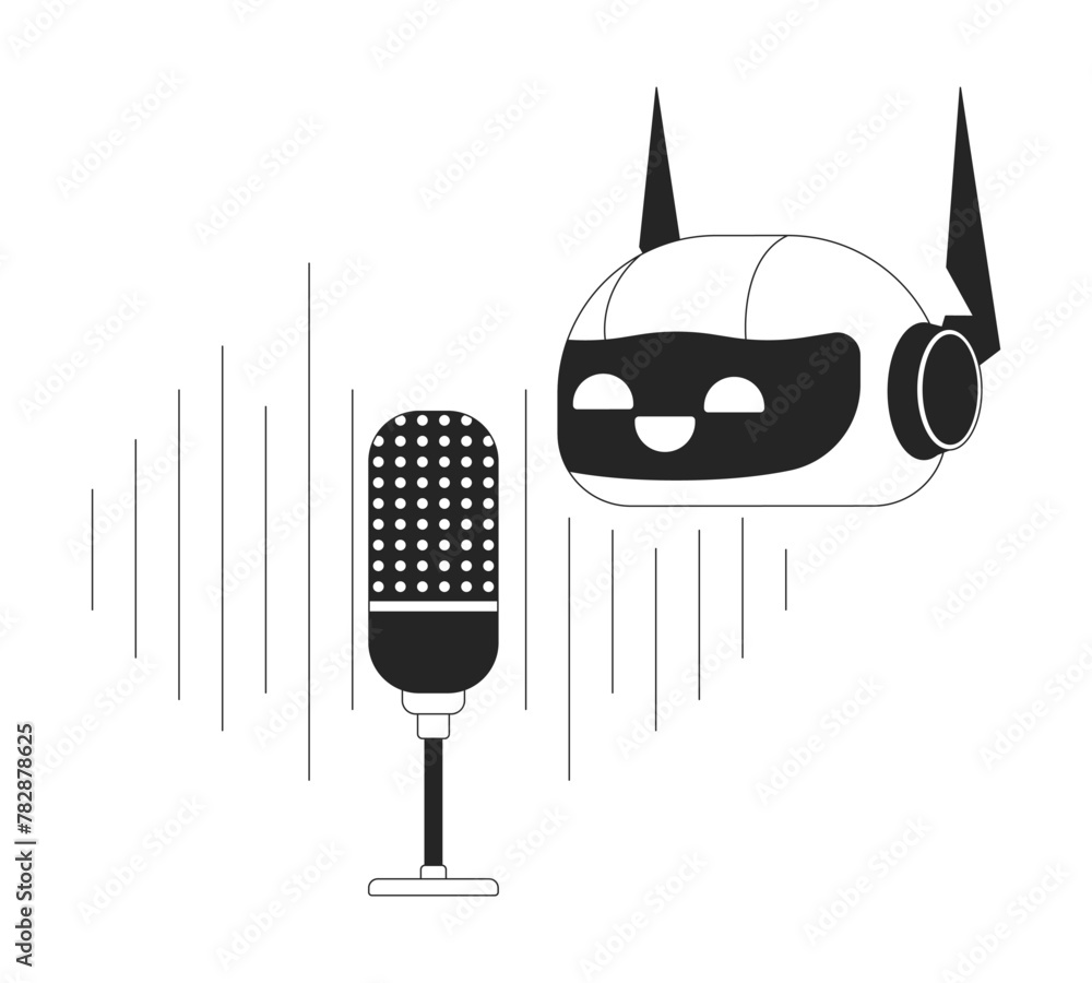 Robot microphone recording black and white 2D line cartoon object. AI ...
