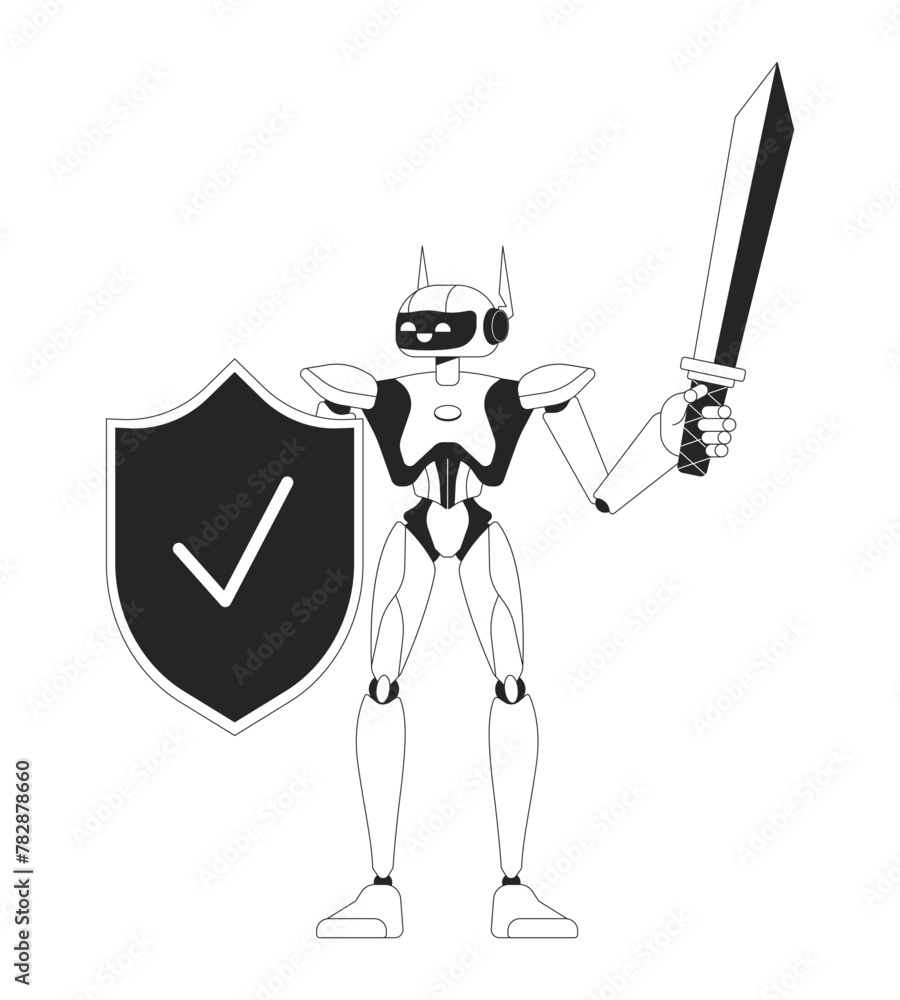 Robot with shield and sword black and white 2D line cartoon character ...