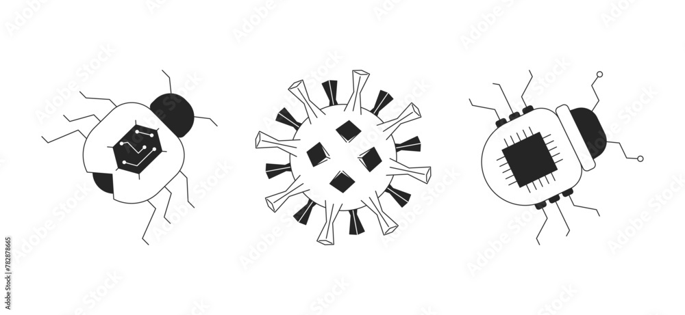 Virus computer bugs black and white 2D line cartoon objects set ...